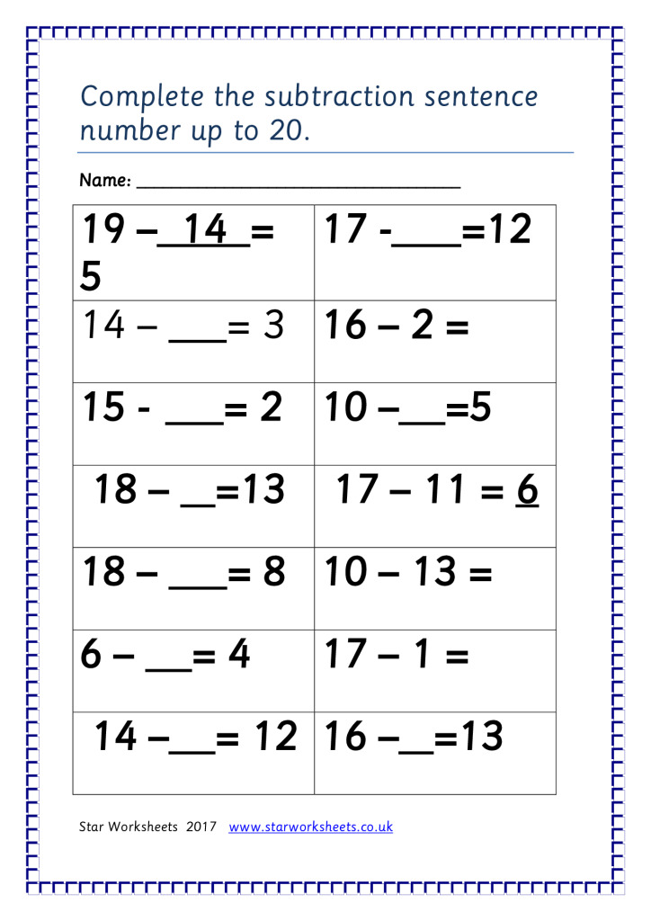 complete-the-missing_-subtraction-senteces-up-to-20 | Star Worksheets