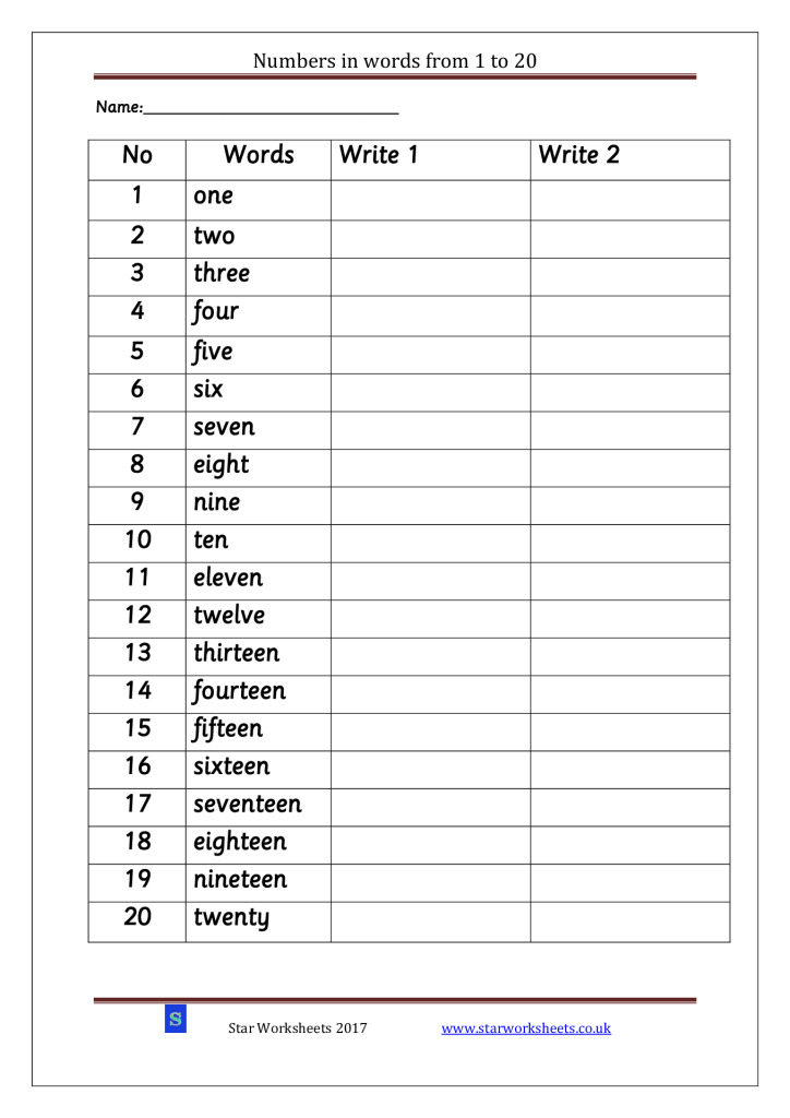 numbers-in-words-one-to-twenty | Star Worksheets