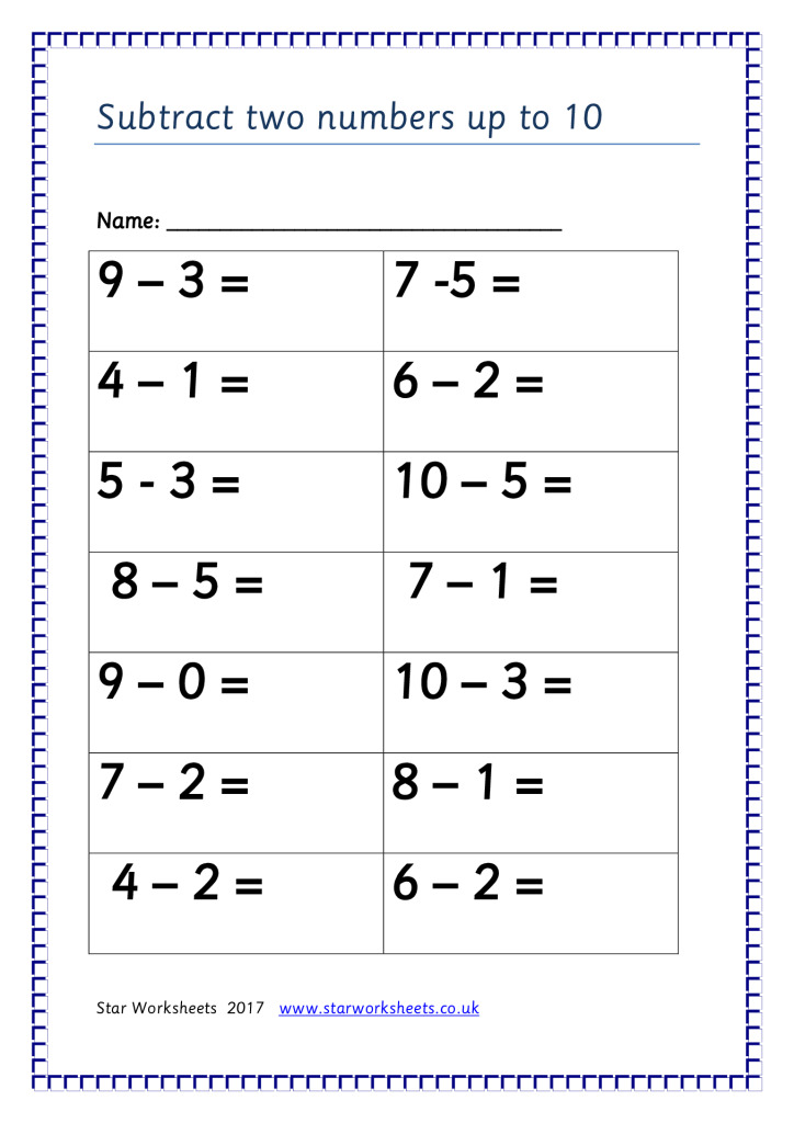 subtract-two-numbers-up-to-10 | Star Worksheets