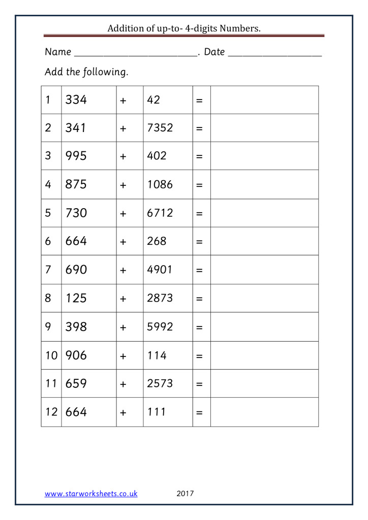 Addition-of-up-to-4-digit-numbers | Star Worksheets