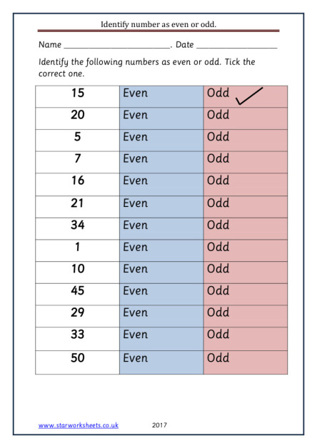Year 2 Identify Even or Odd Number. | Star Worksheets