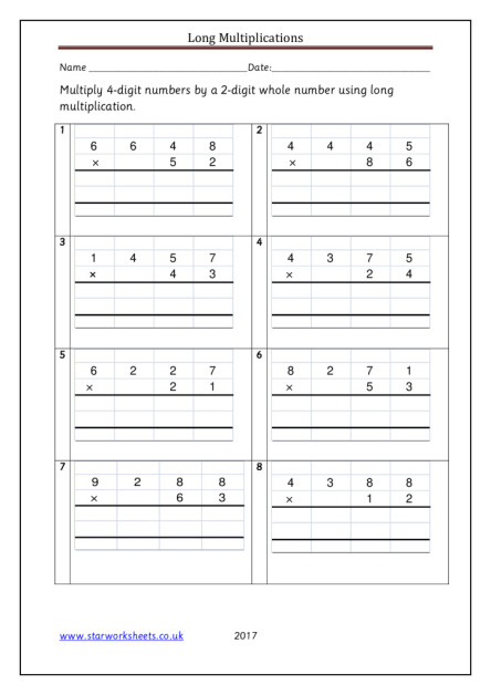 Year 6-Long-Multiplication of 4-digit by 2-digit numbers. | Star Worksheets