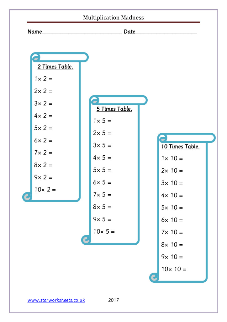 Times Tables-2 5 10. | Star Worksheets