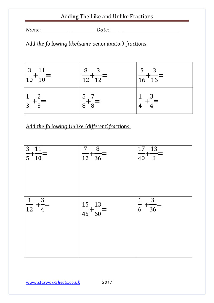 Addition of fractions | Star Worksheets