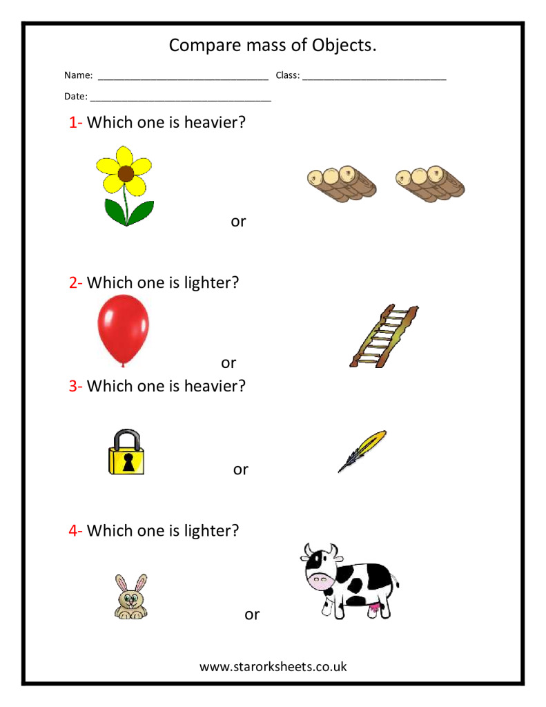 compare mass of objects | Star Worksheets
