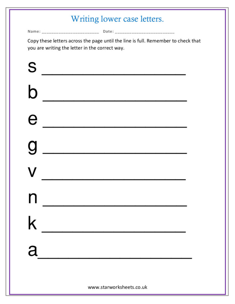 Writing lowercase letters | Star Worksheets