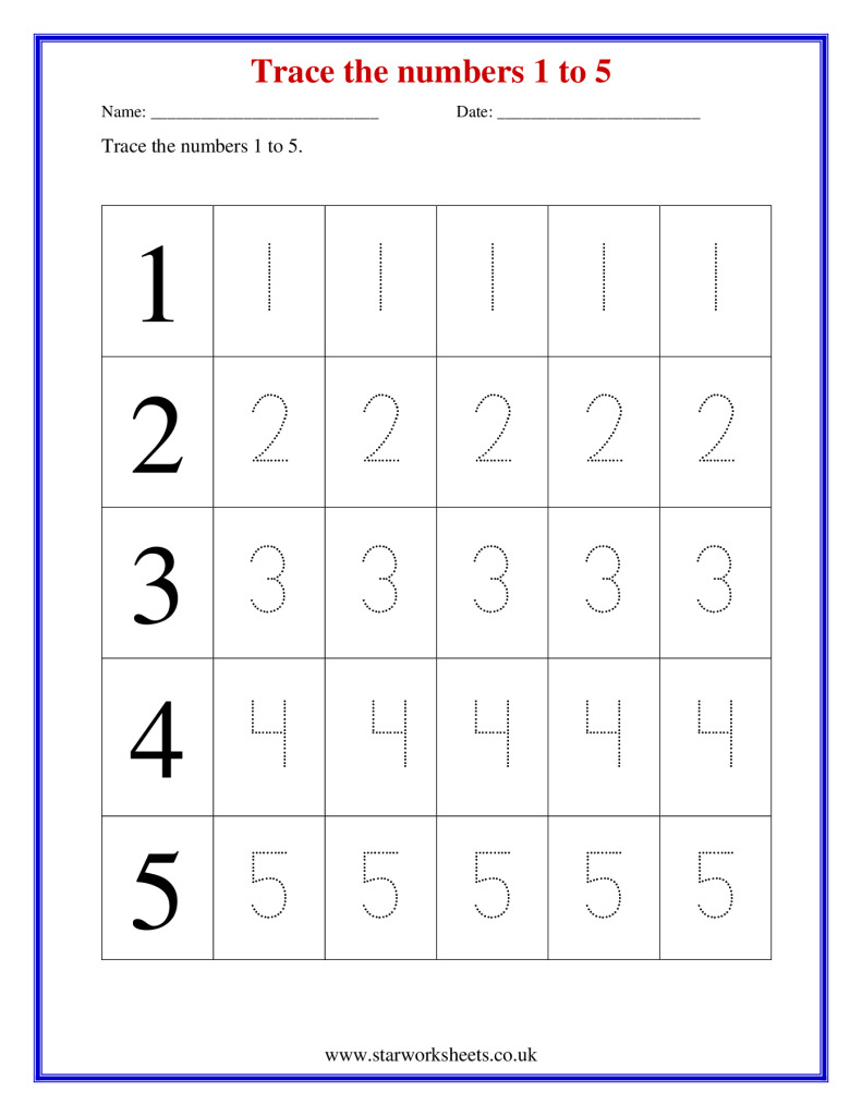 Trace the numbers 1 to 5 | Star Worksheets