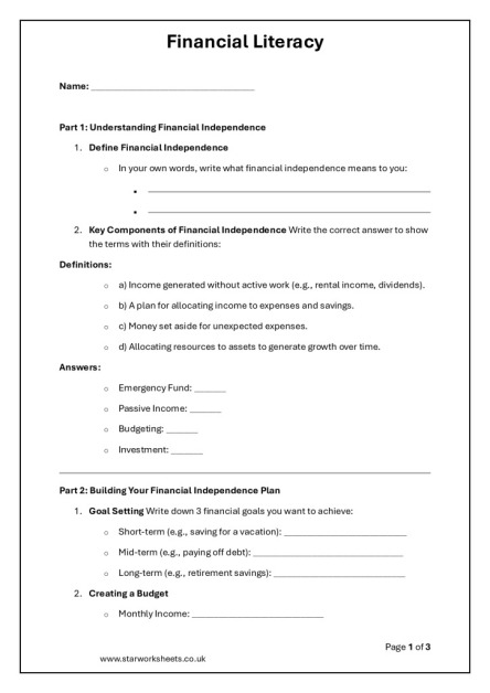 Financial Literacy- Worksheet1 | Star Worksheets