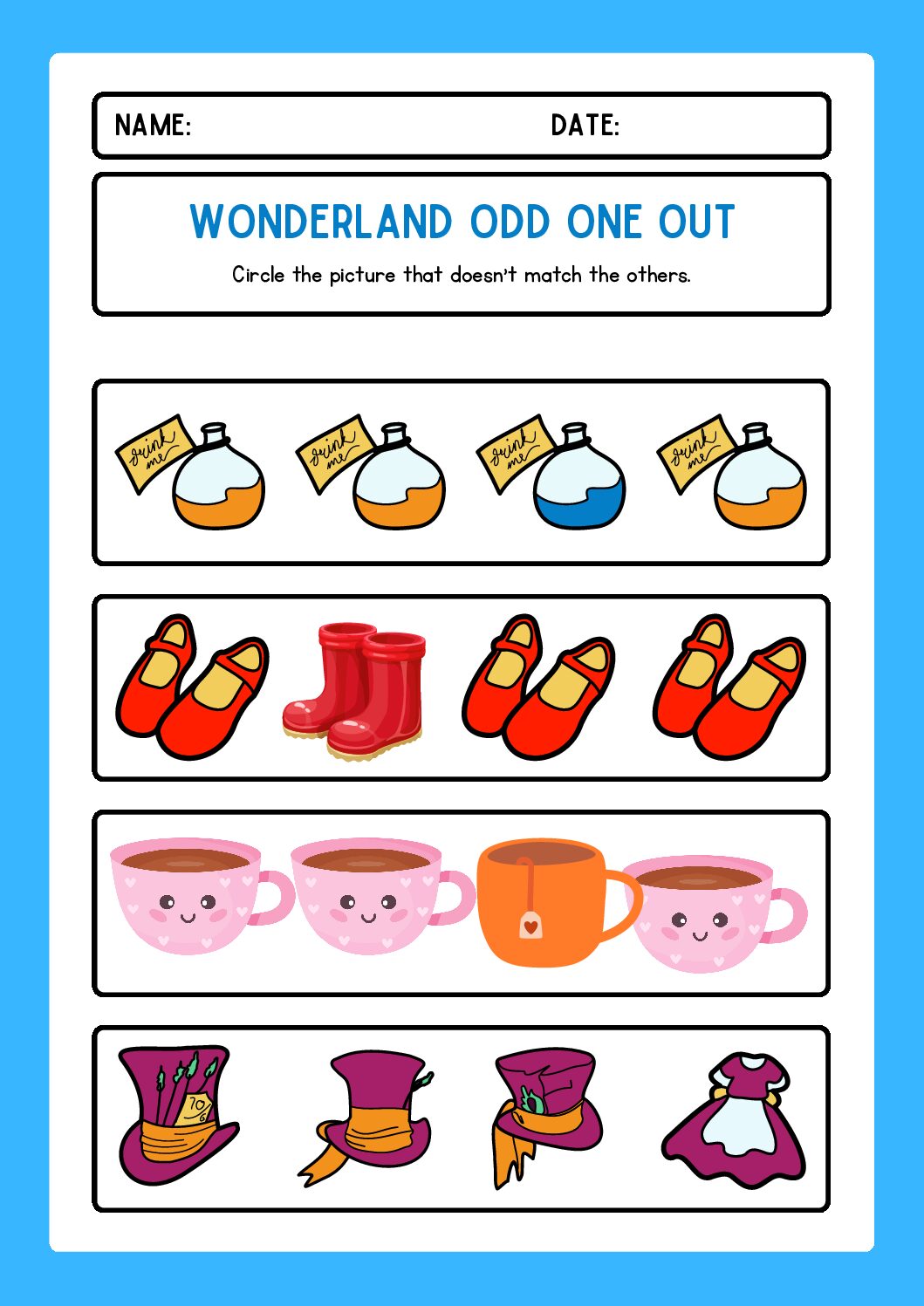 Wonderland Themed Odd One Out Activity Worksheet | Star Worksheets